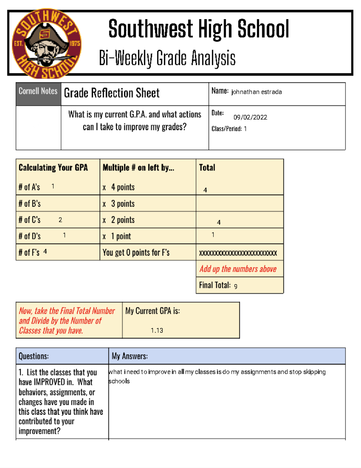 AVID Bi-Weekly Grade Reflection Sheet for Johnathan Estrada Magana ...
