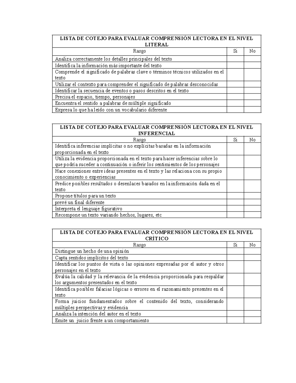 Lista de Cotejo para Evaluar Comprensión Lectora en Nivel Literal ...
