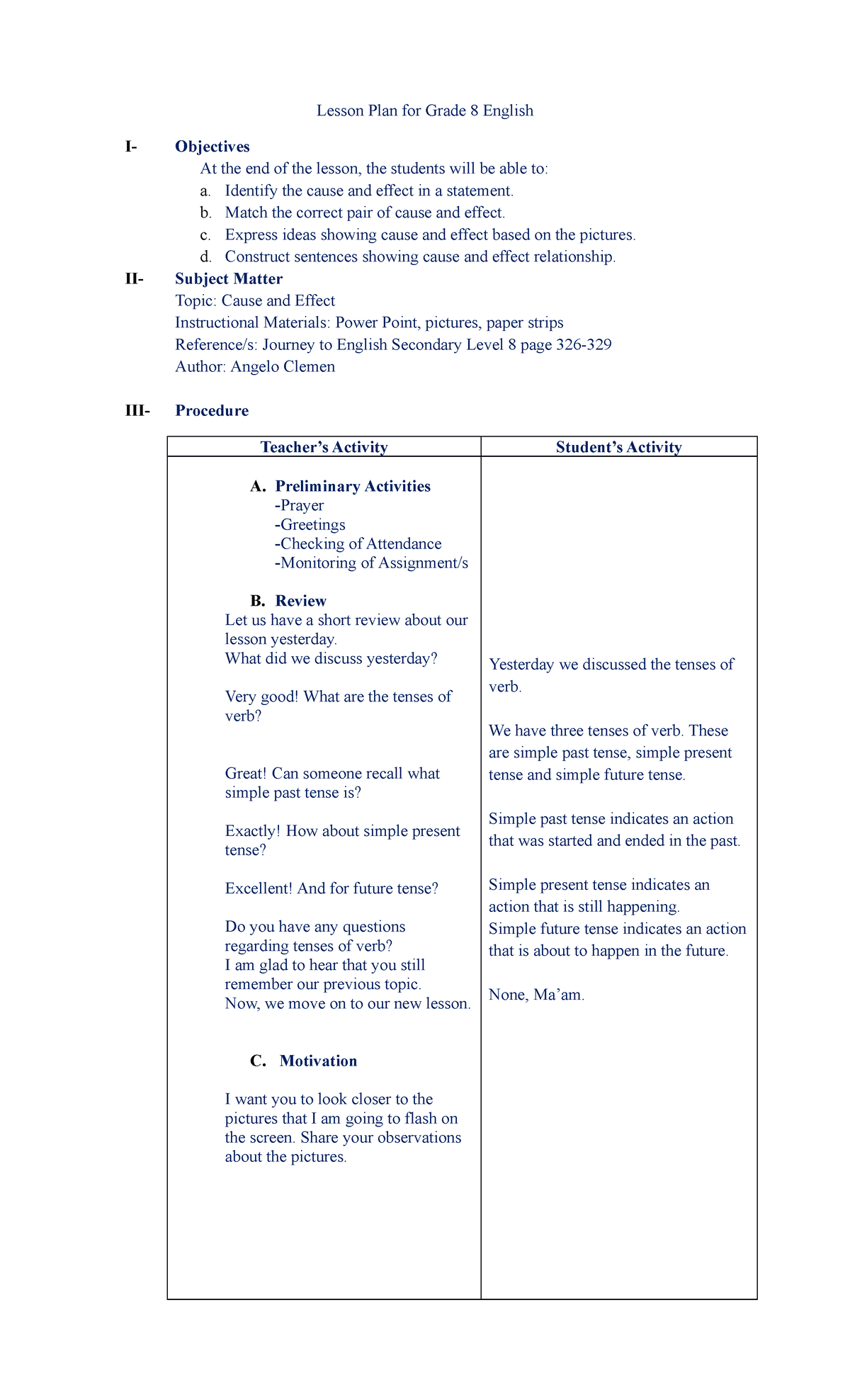 Grade 8 English: Cause and Effect Detailed Lesson Plan - Studocu