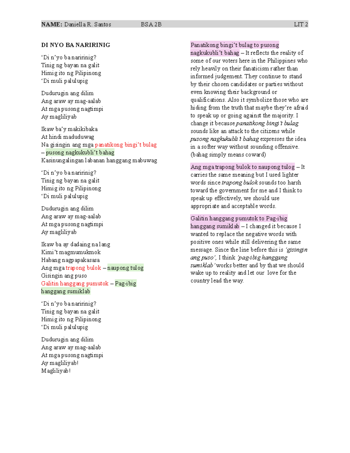 BSA 2B: Di N'yo Ba Naririnig? - A Song Analysis - Studocu