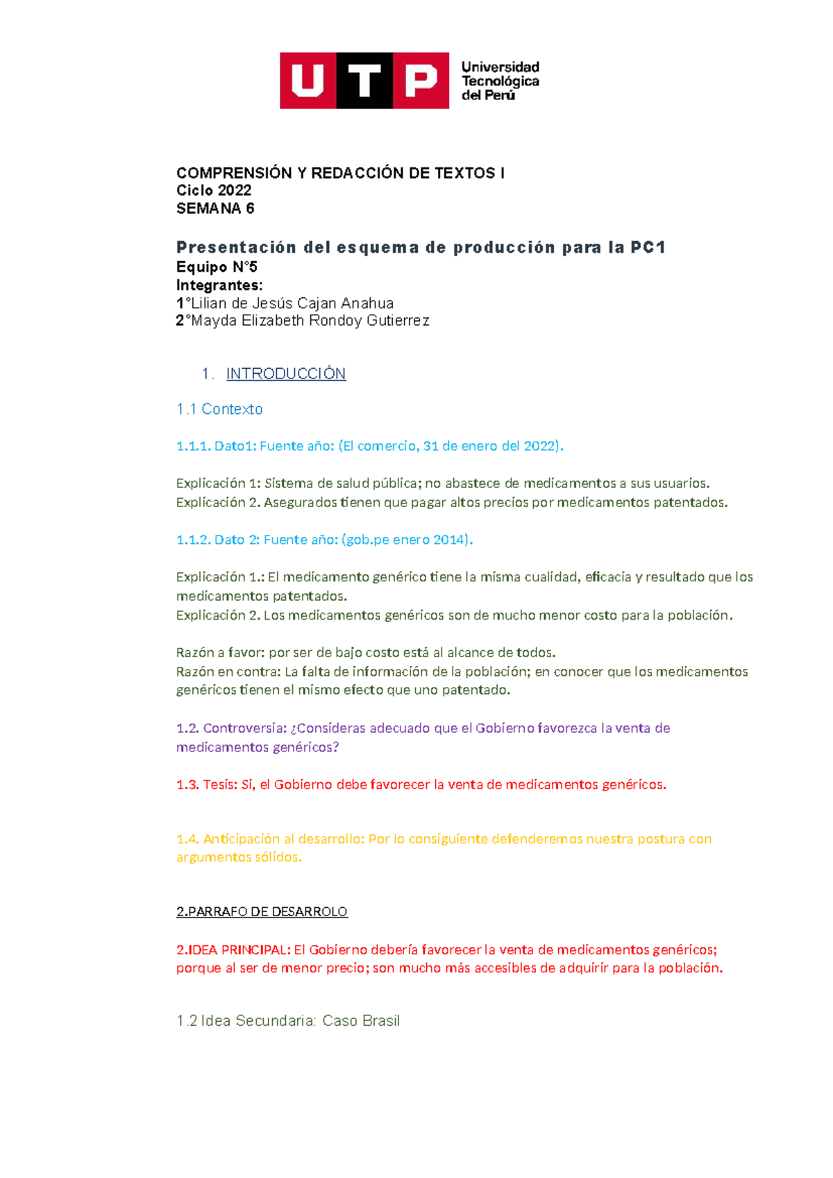 COMPRENSIÓN Y REDACCIÓN DE TEXTOS I - SEMANA 6: Esquema PC1 - Studocu