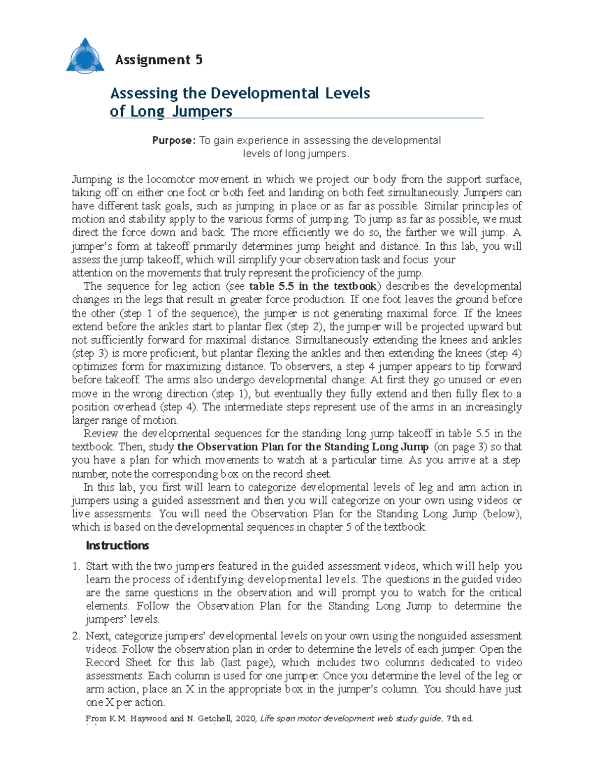 Assignment 5 DS of long jump - From K. Haywood and N. Getchell, 2020 ...