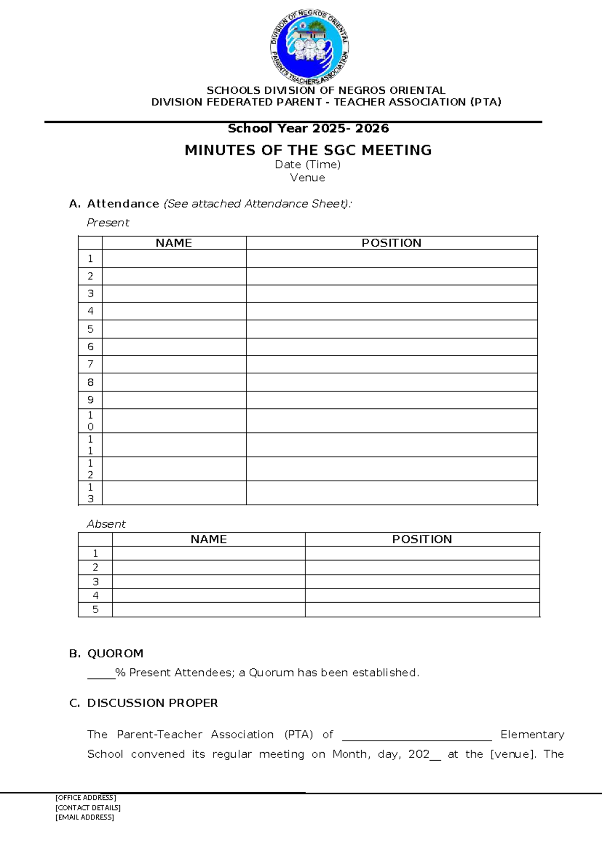 PTA Meeting Minutes Template - SY 2026 - Studocu