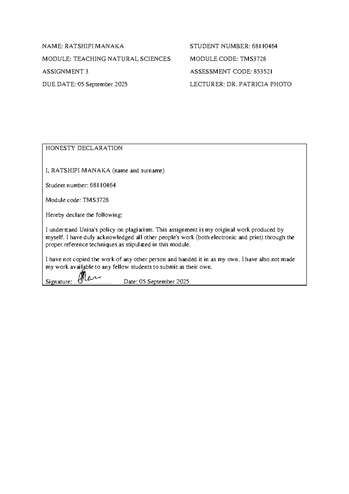 TMS3728 Assignment 3: Teaching Natural Sciences Overview and Assessment ...