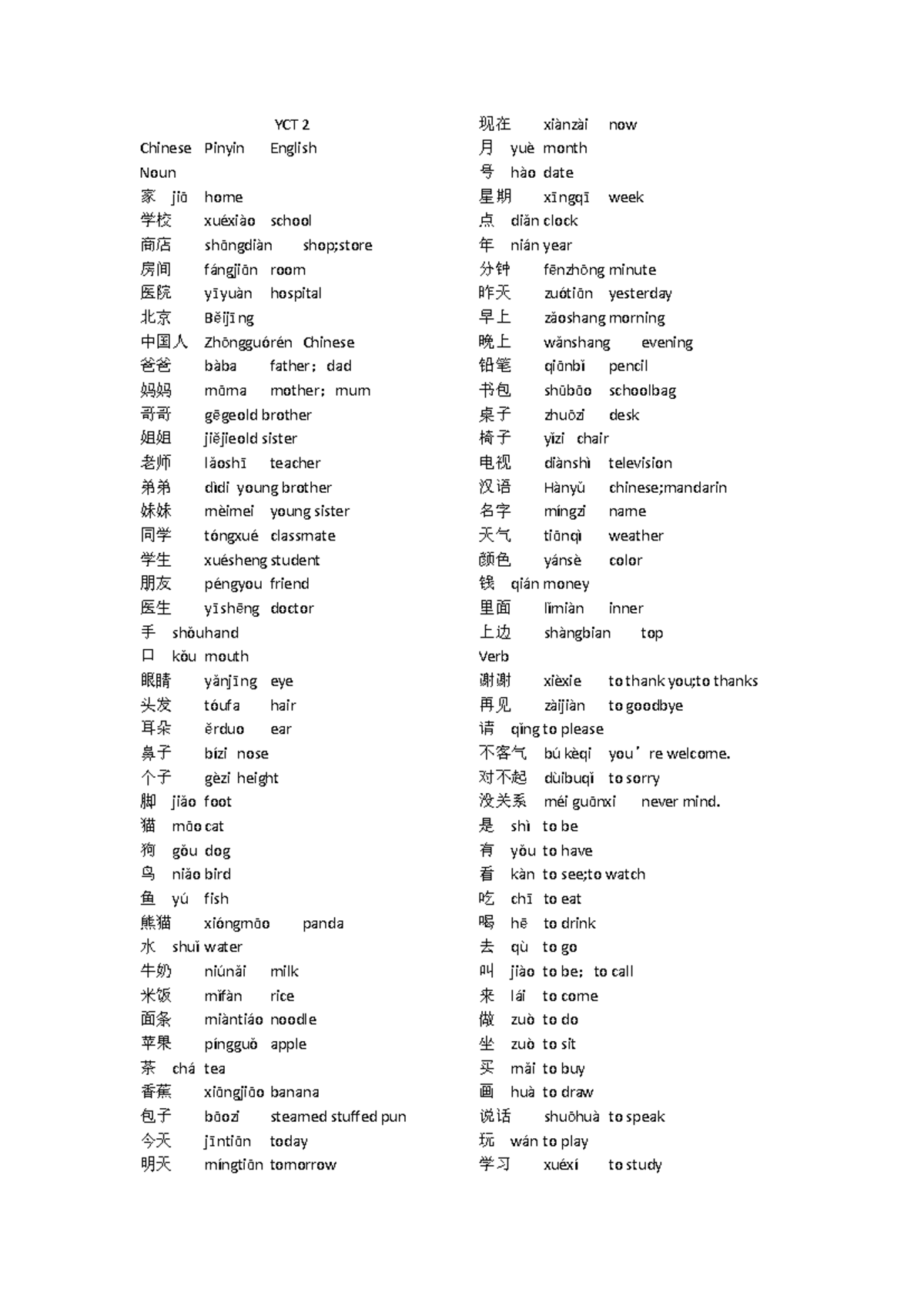 YCT 2 Vocabulary - Chinese Lessons on Nouns and Verbs - Studocu