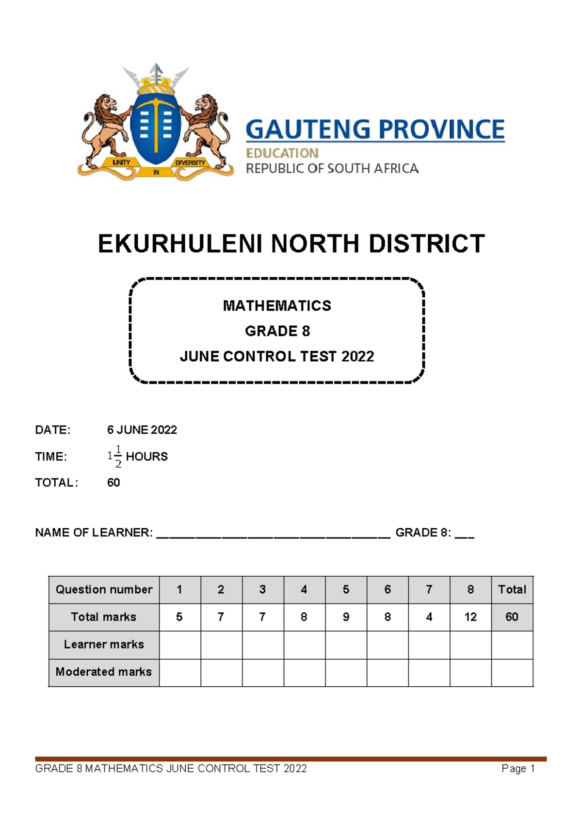 Grade 8 Mathematics June Control Test QP - Exam 2022 - Studocu