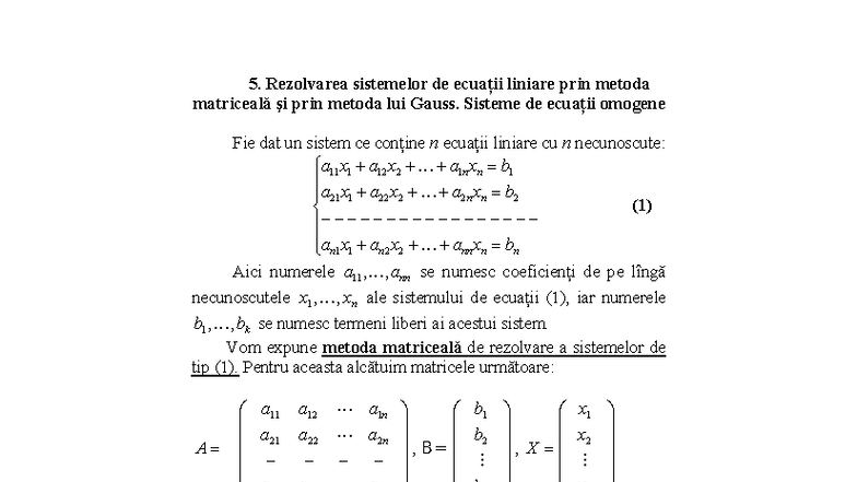 Metoda Gauss și matriceală pentru rezolvarea ecuațiilor liniare - Studocu