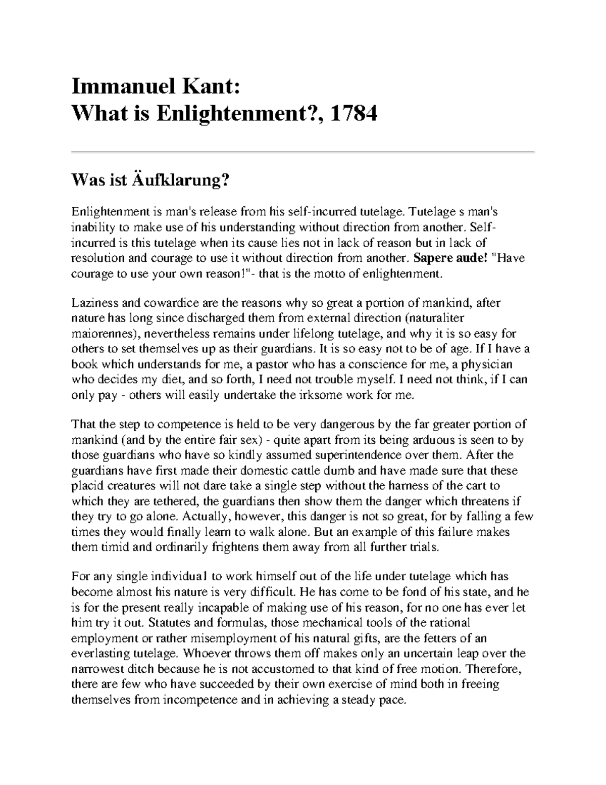 Kant's "What is Enlightenment?" (1784) - Analysis & Key Concepts - Studocu