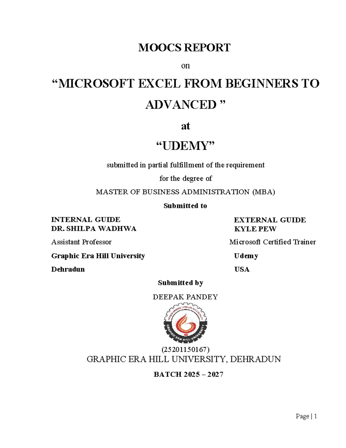 MBA Project Report: Excel from Beginners to Advanced (2025-2027) - Studocu