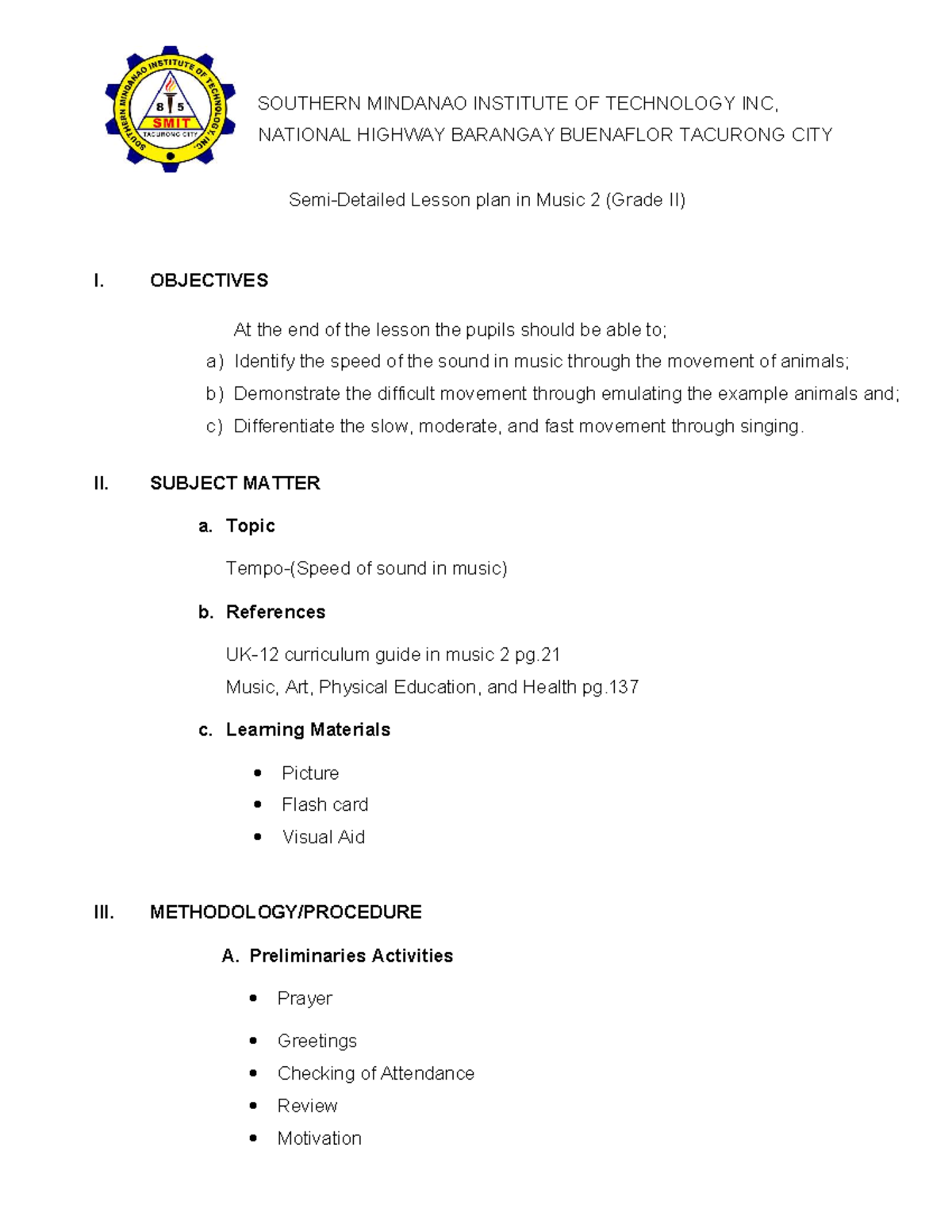 MUSIC 2 Lesson Plan: Understanding Sound Speed & Movement - Studocu