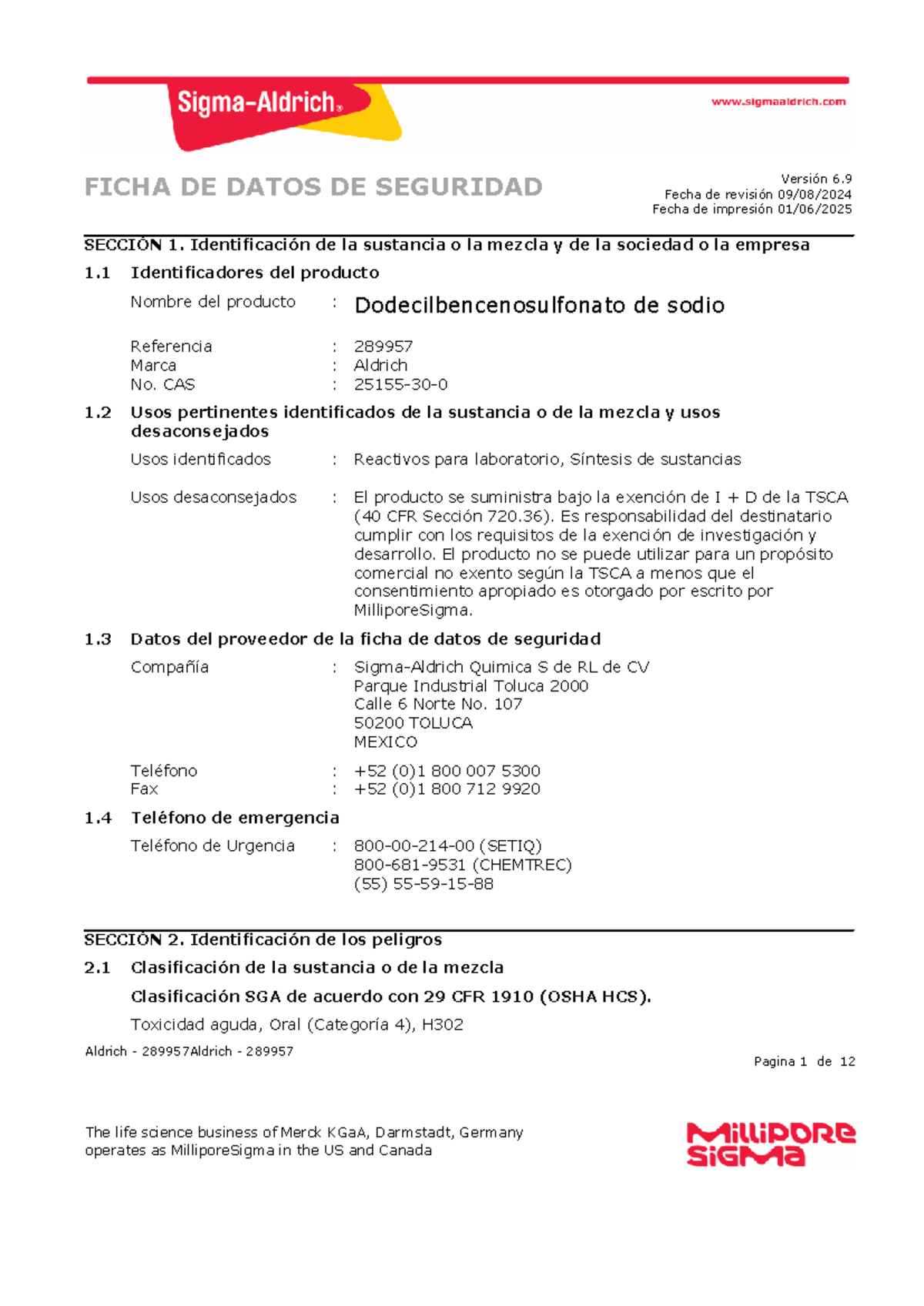 Hoja de Seguridad del Dodecilbenceno Sulfonato Sódico - Aldrich 289957 ...