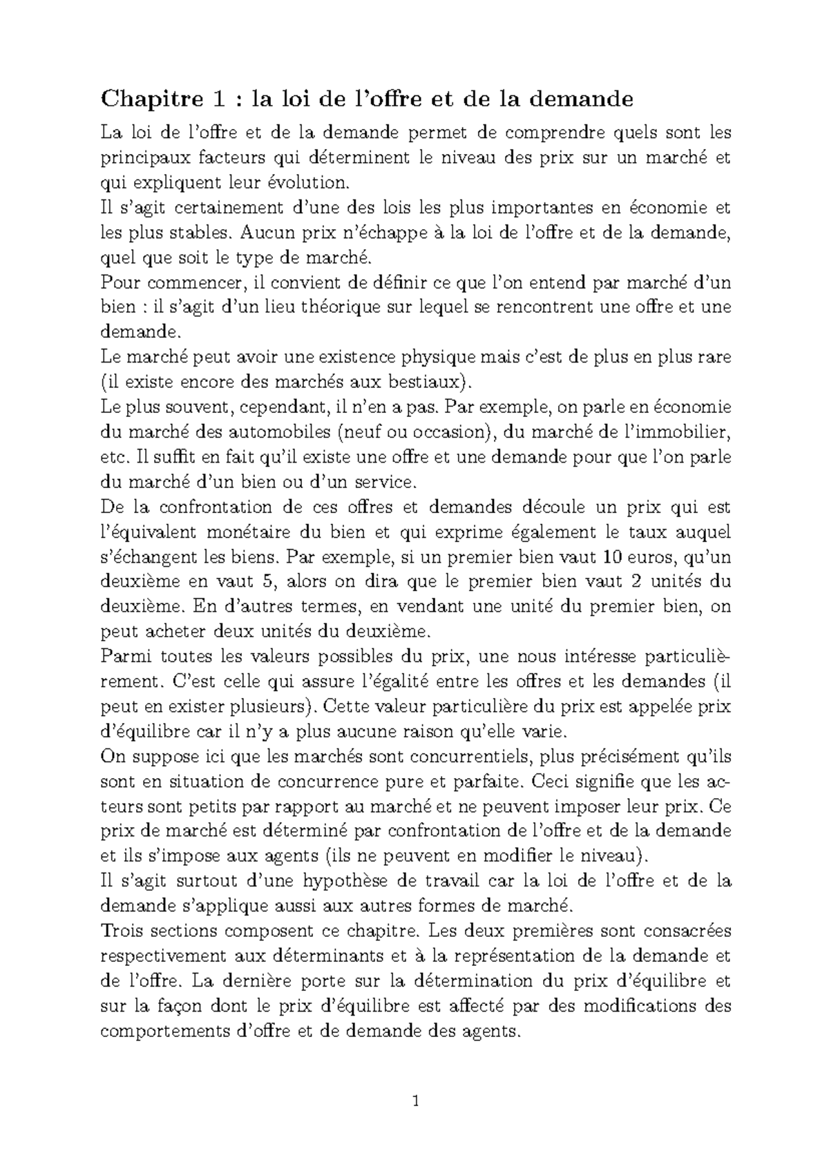 Chapitre 1 : Loi de l'Offre et de la Demande en Économie - Studocu