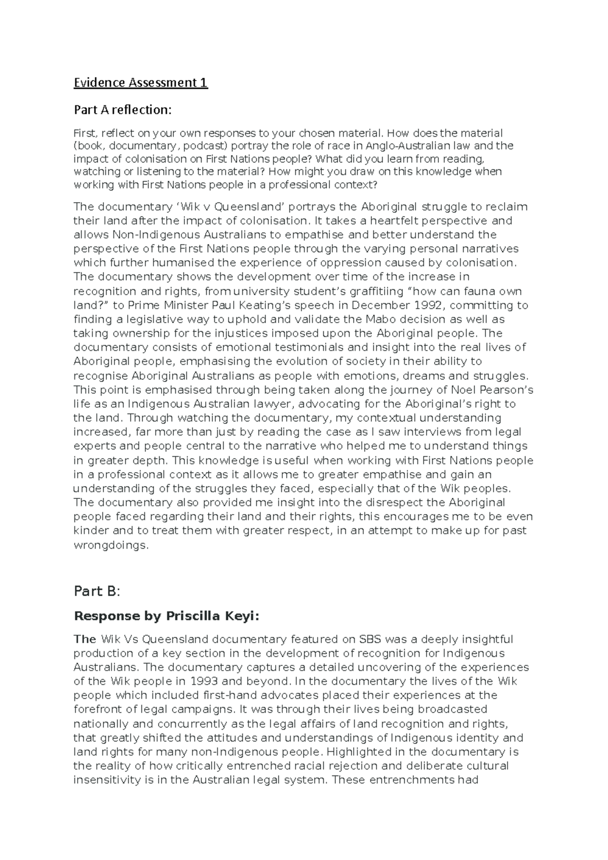Reflective Assessment on 'Wik v Queensland' (EVID 101) - Studocu