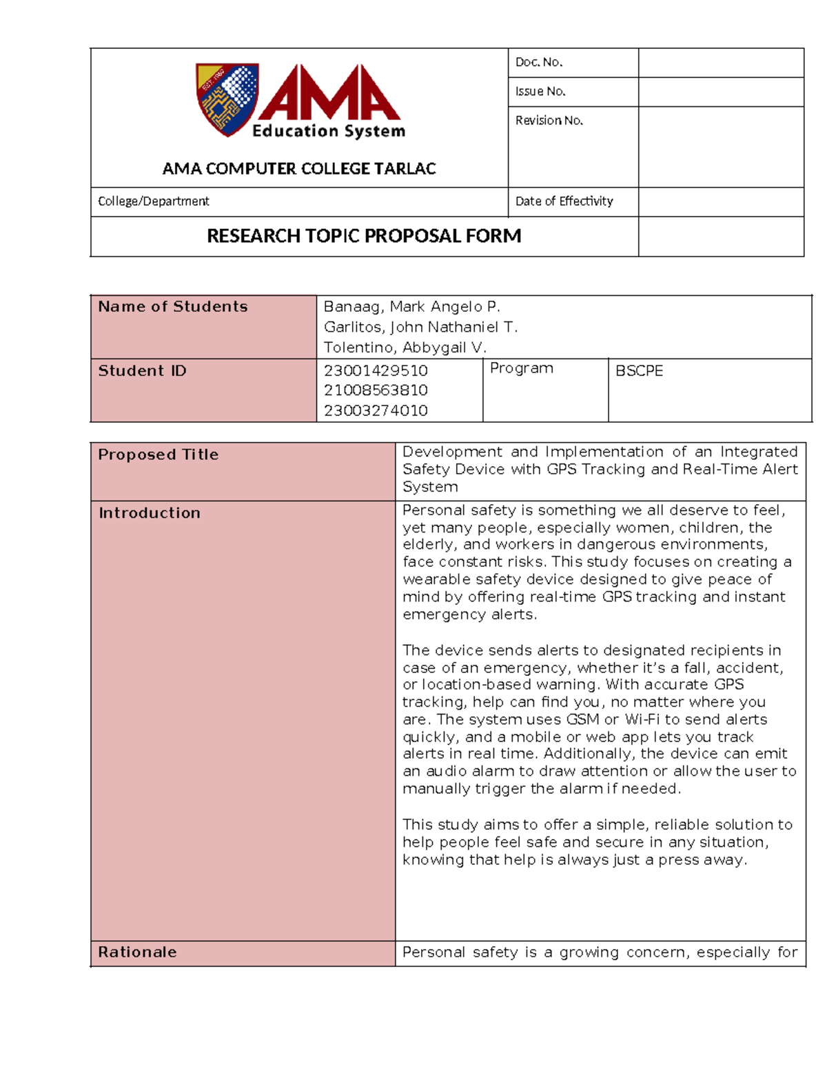 BSCPE Research Proposal: Integrated Safety Device with GPS Tracking ...