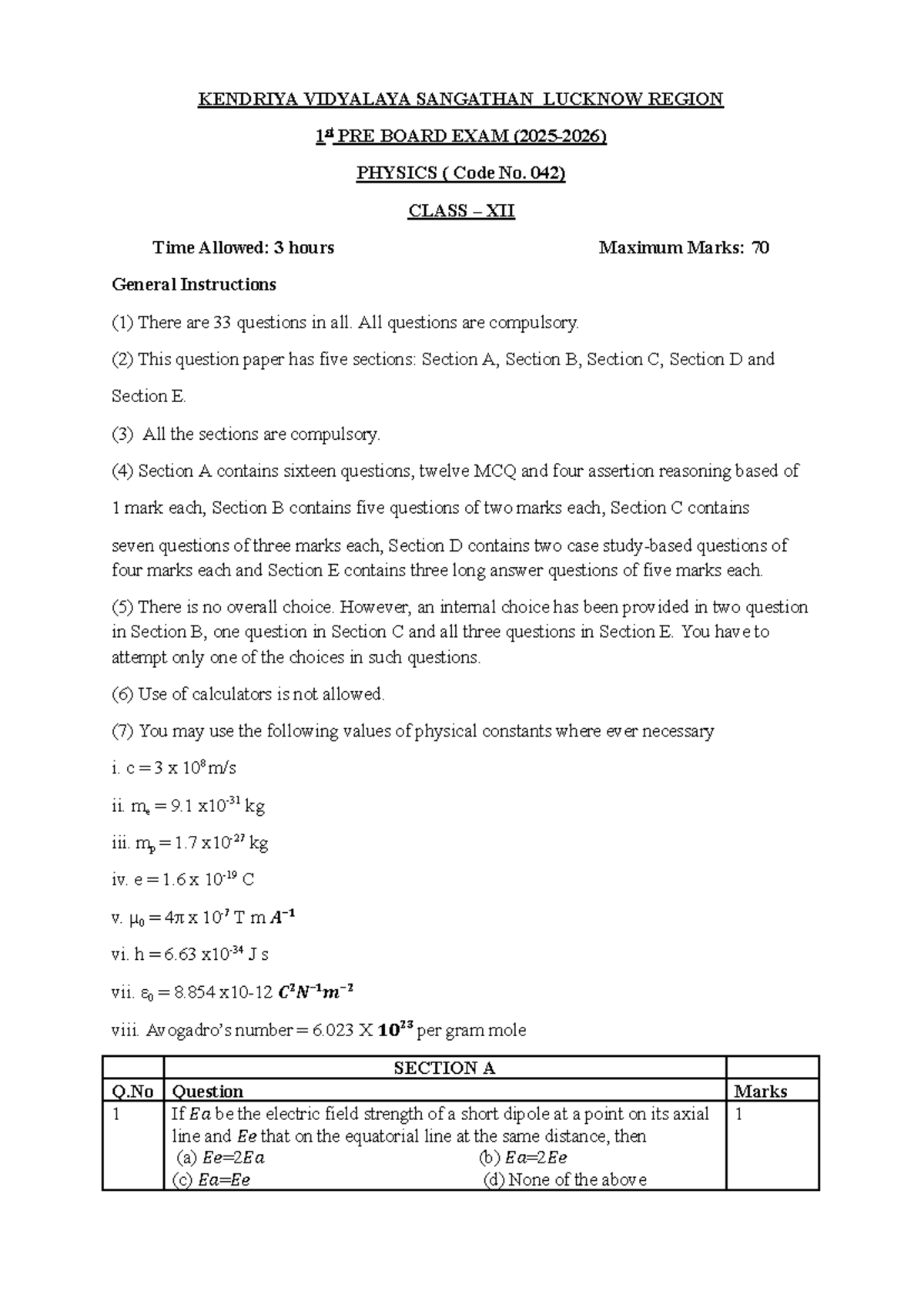 XII Physics QP 1 - Pre Board Exam Practice Paper (Code No. 042) - Studocu