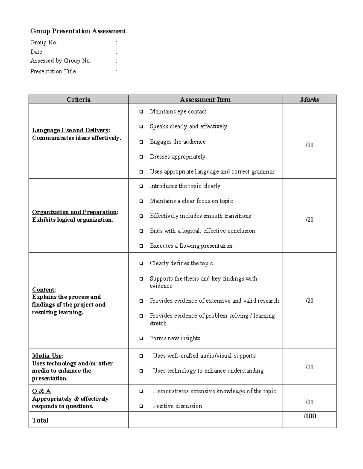 Group Presentation Assessment Criteria - Group No. & Date - Studocu