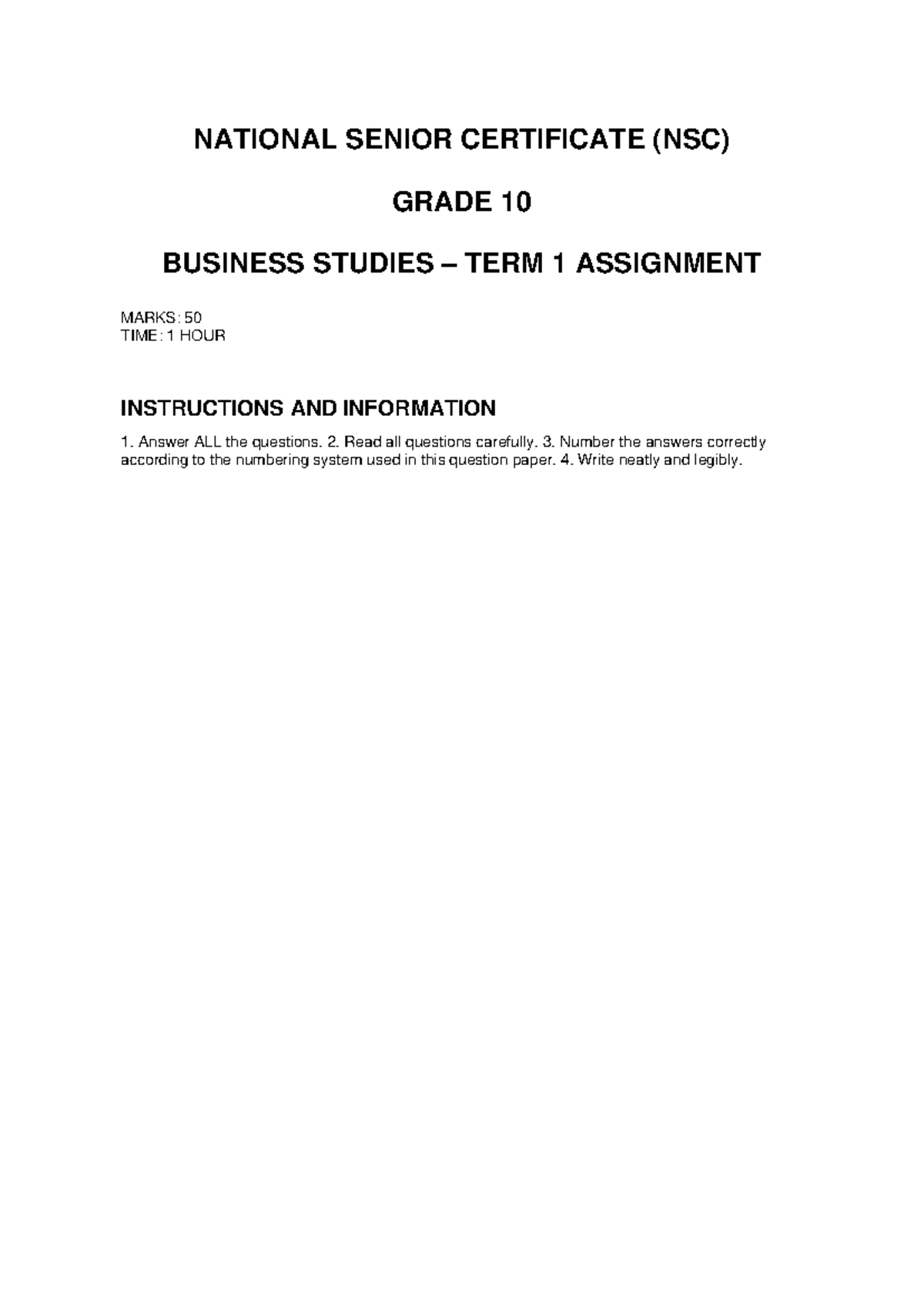 NSC Grade 10 Business Studies Term 1 Assignment Guide - Studocu
