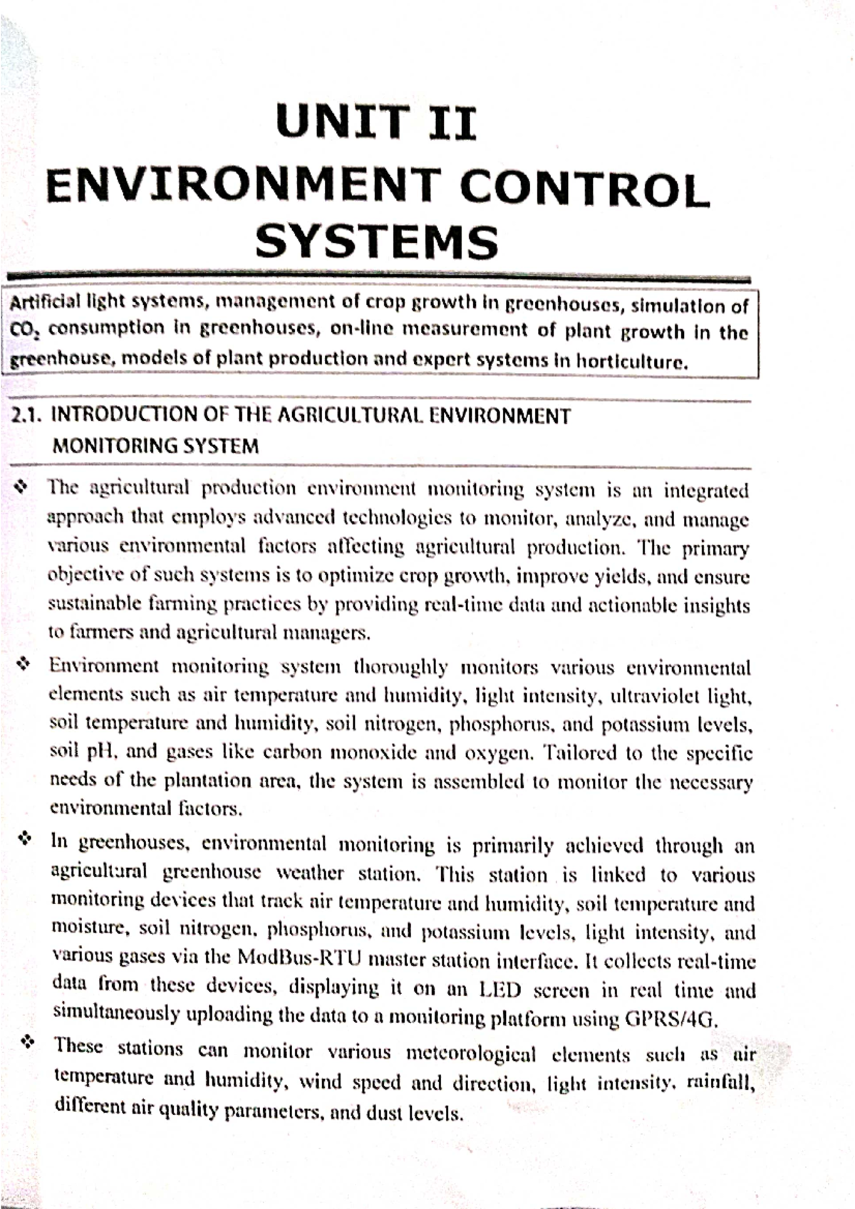 IT in agriculture system unit 2 - UNIT II ENVIRONMENT CONTROL SYSTEMS ...