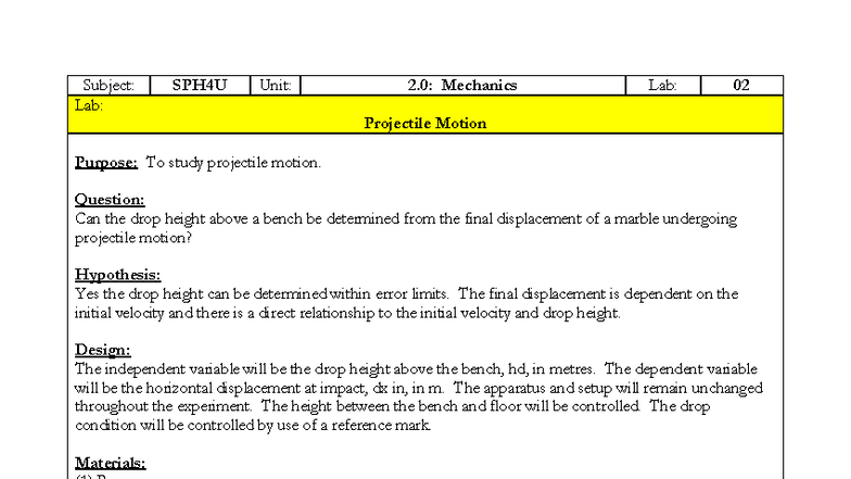 Lab: SPH4U Unit 2.0 - Mechanics Lab 03: Projectile Motion Analysis - Studocu