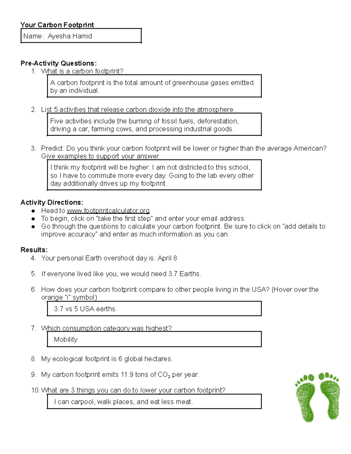 Carbon Footprint - bio 12 - Your Carbon Footprint Name: Ayesha Hamid ...