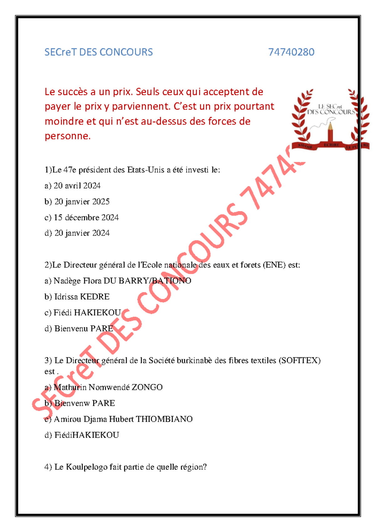 SECreT DES CONCOURS 74740280: Questions et Réponses Essentielles - Studocu