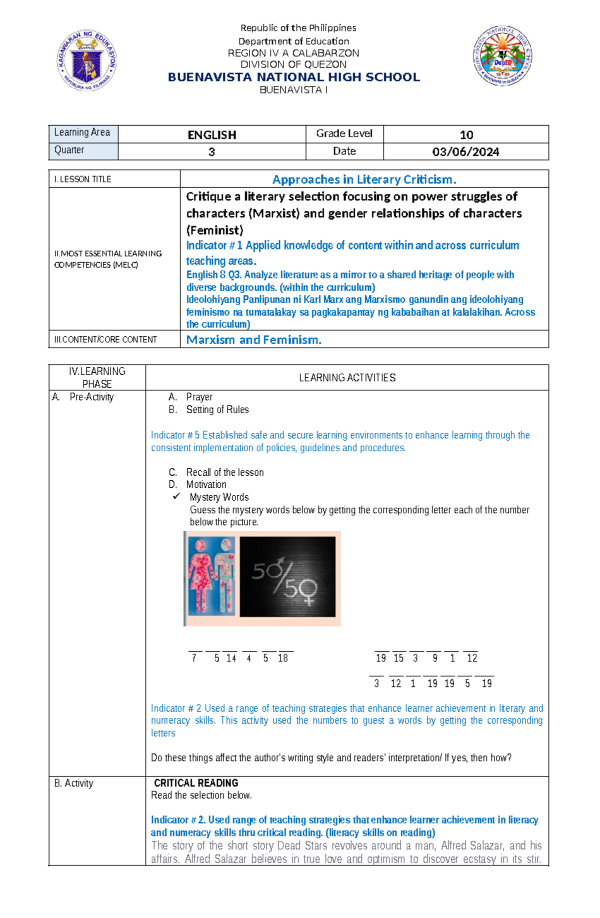 COT-1-3rd Quarter 2022-23: Literary Criticism Approaches in English 3 ...