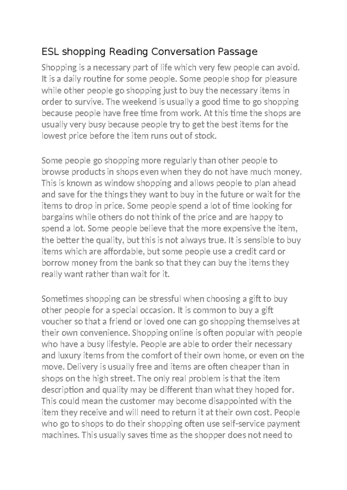 ESL Shopping Reading Comprehension - ESL shopping Reading Conversation ...