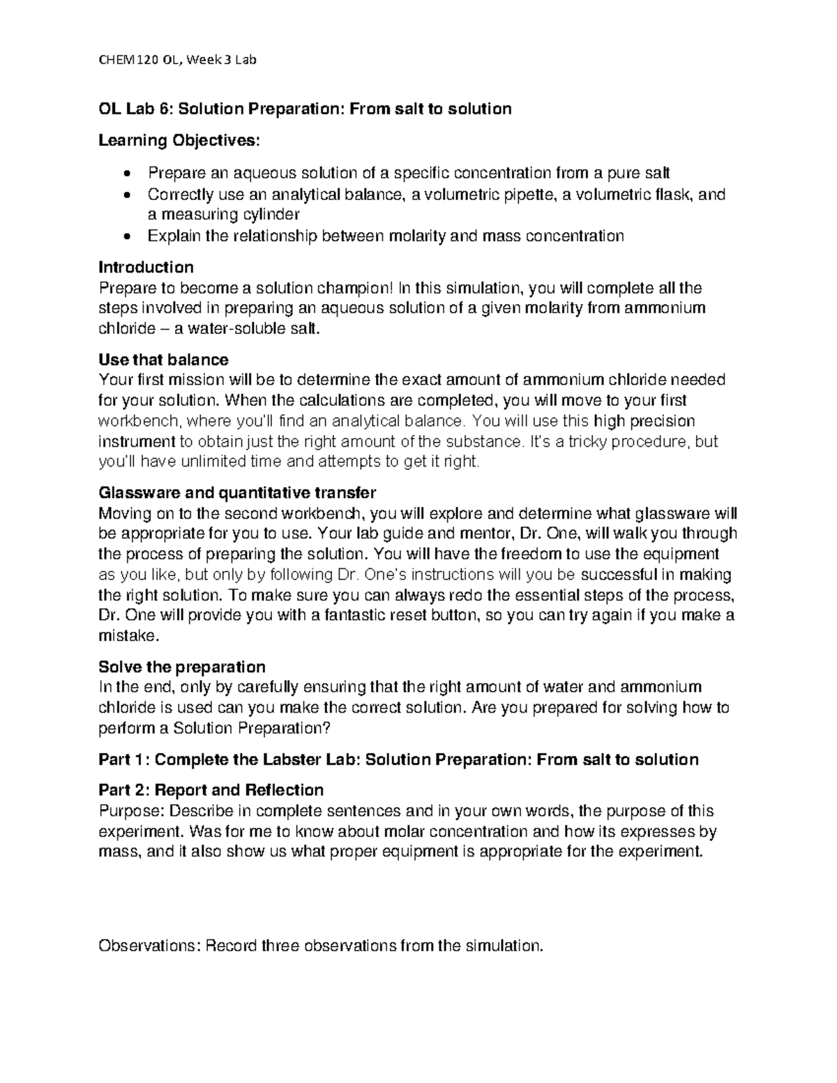 OL Lab 6-Solution Preparation From salt to solution (1) - OL Lab 6 ...