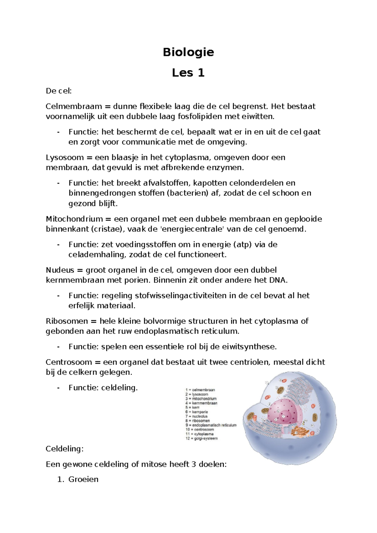 Biologie 1: Celstructuren en Functies in het Menselijk Lichaam ...