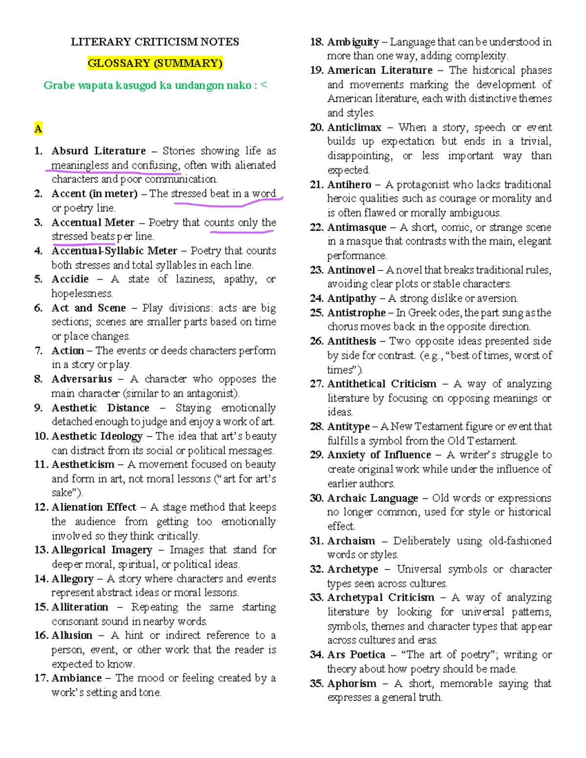 LITERARY CRITICISM GLOSSARY NOTES (SUMMARY) - Studocu