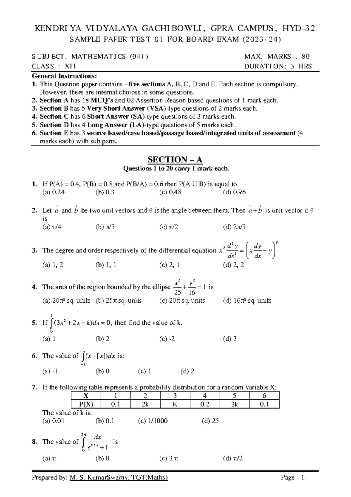Maths Class XII Sample Paper Test 01 for Board Exam 2024 (041) - Studocu
