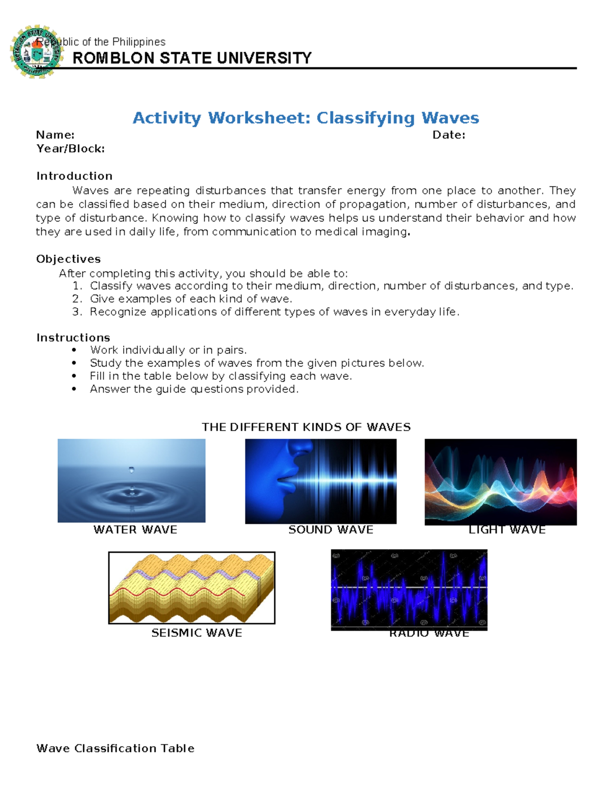 PHYS Worksheet 1: Classifying Waves and Their Applications - Studocu