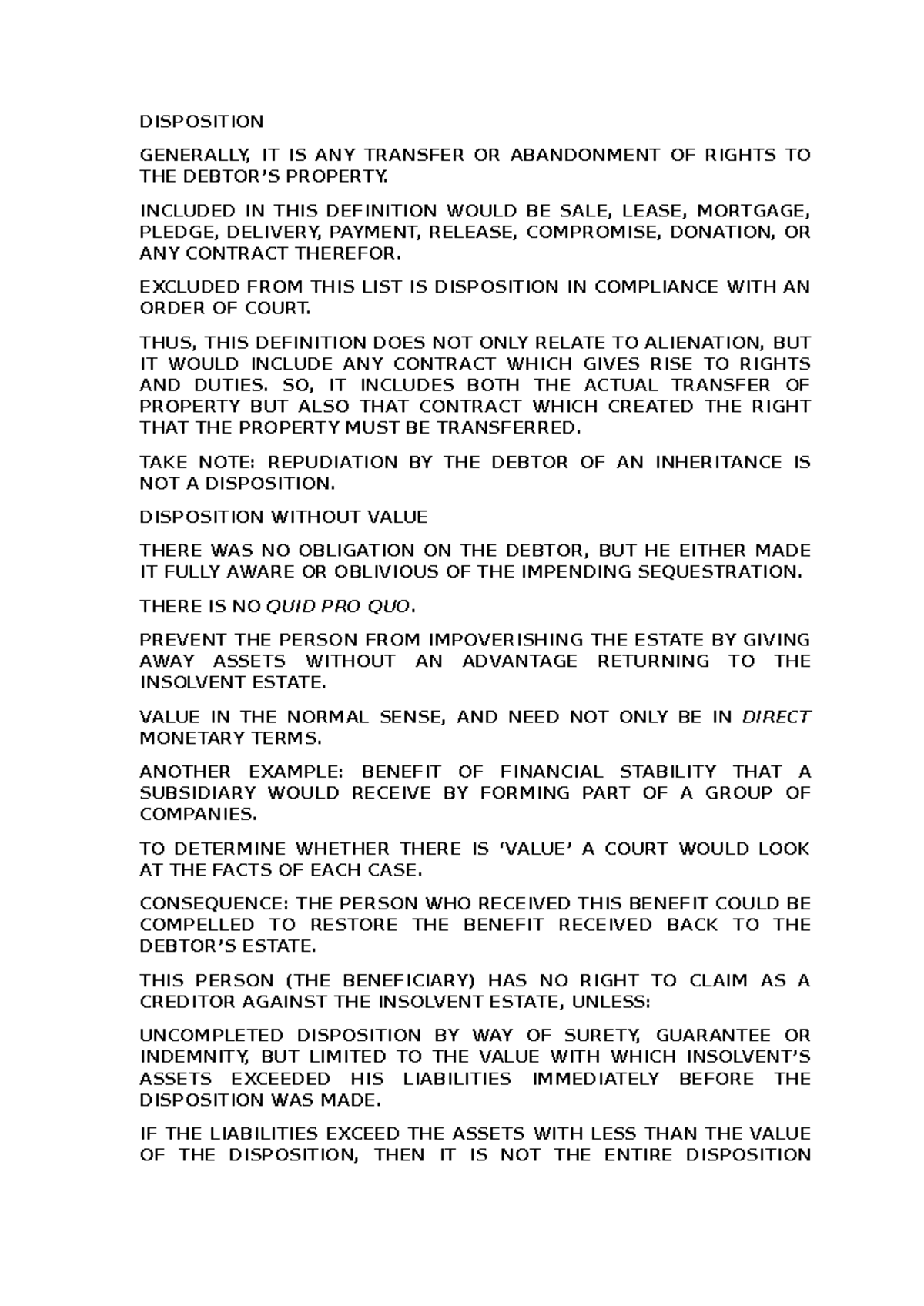 Insolvency Law: Impeachable Dispositions and Legal Standards - Studocu