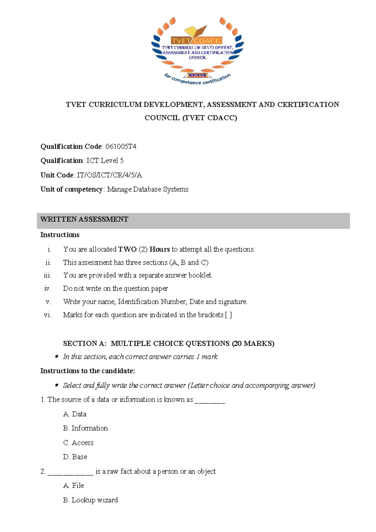 TVET CDACC ICT Level 5 Unit 061005T4: Manage Database Systems ...