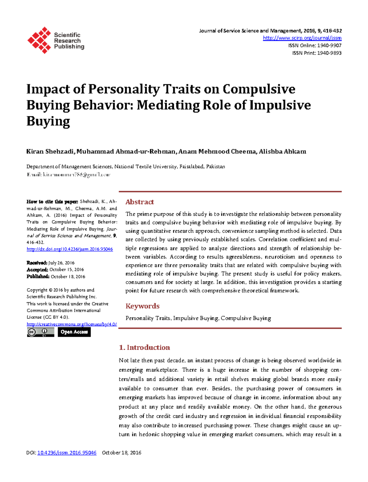 Impact of Personality Traits on Compulsive Buying Behavior: A Study ...