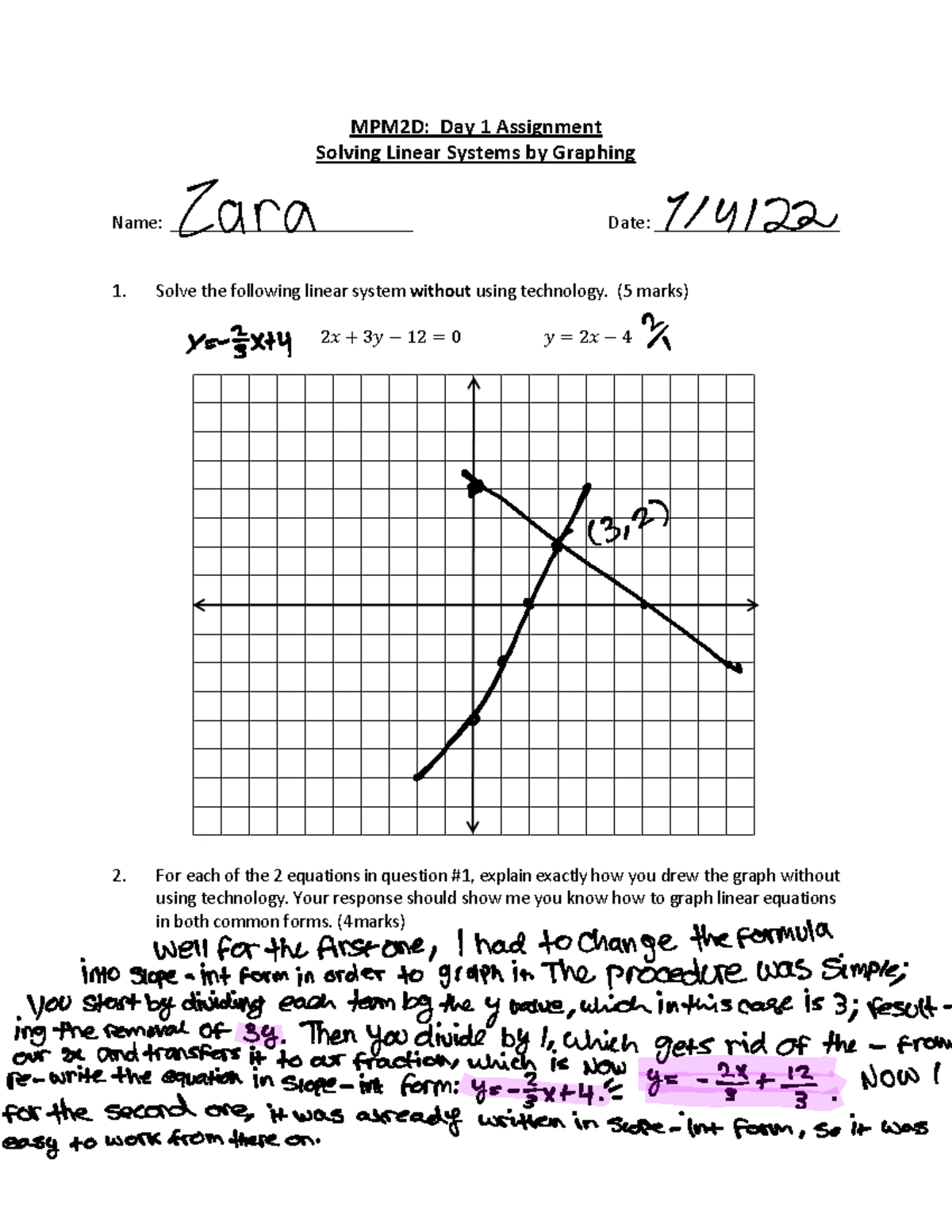 MPM2D Day 1 Assignment Solving Linear Systems by Graphing - MPM2D: Day 1 Assignment Solving ...