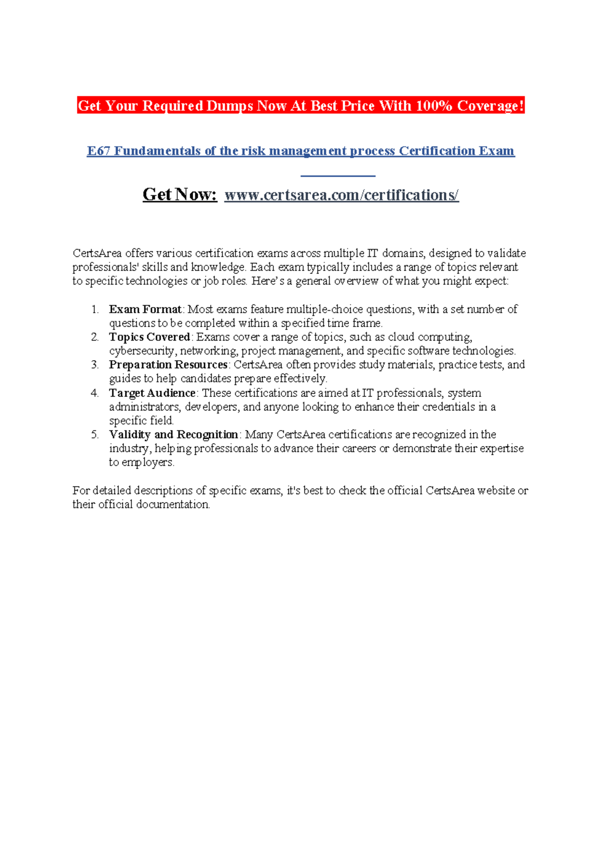 E67 Fundamentals of the risk management process Certification Exam ...