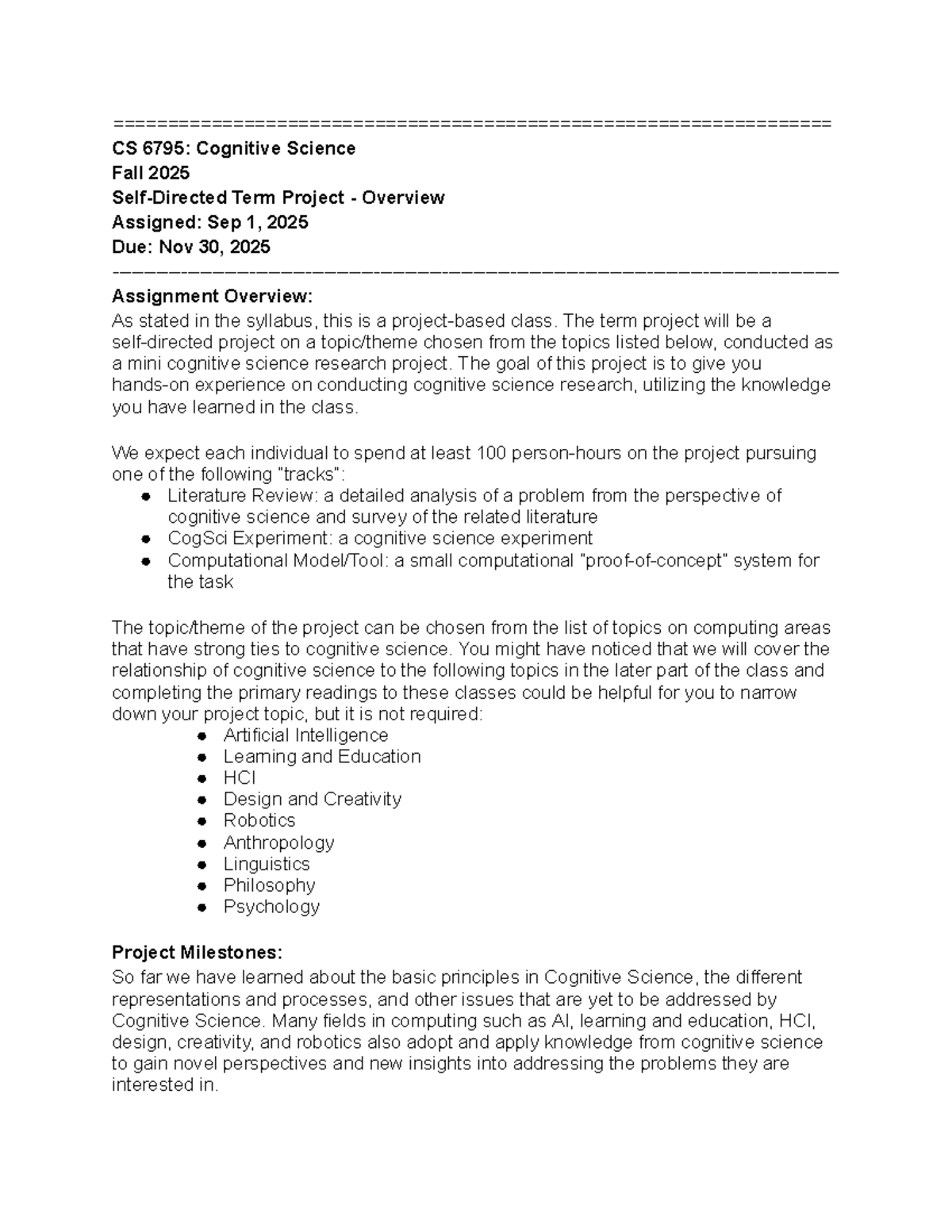 CS 6795: Fall 2025 Cognitive Science Term Project Guidelines - Studocu