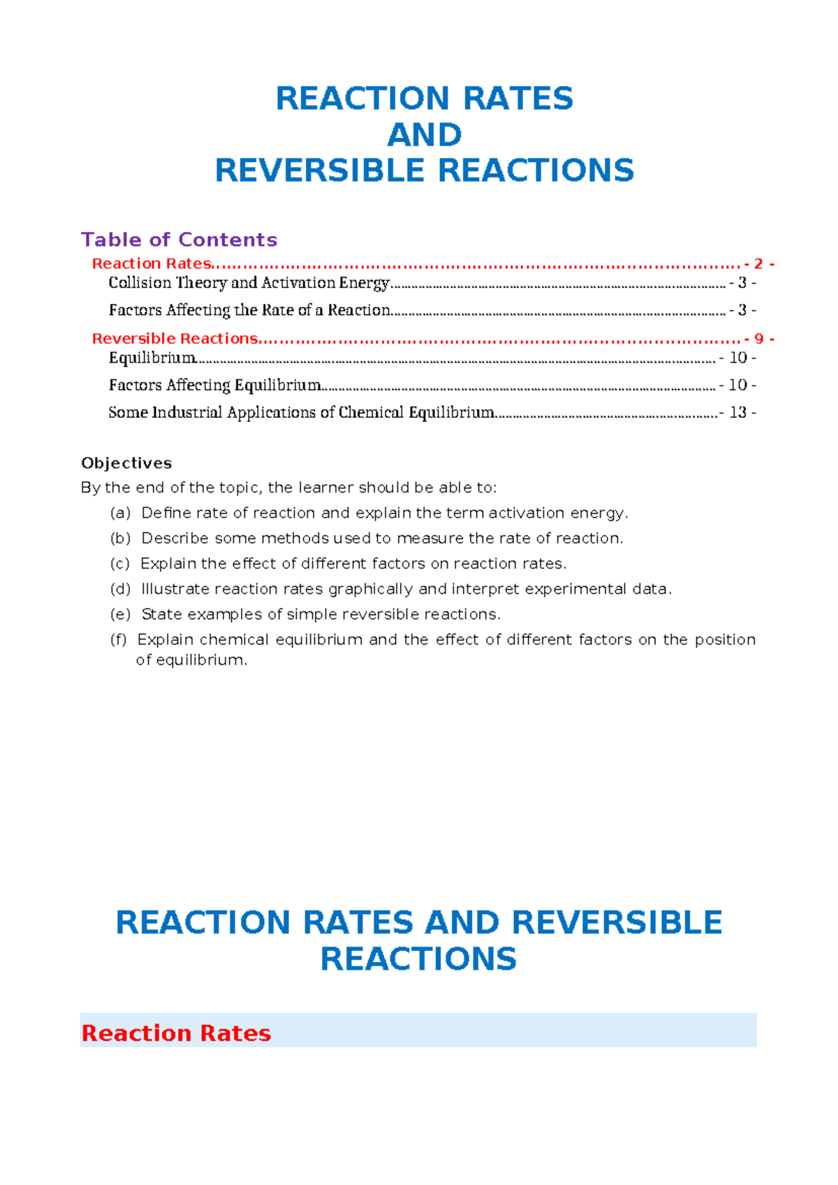 Rates - Lecture Notes on Reaction Rates and Reversible Reactions (CHEM ...