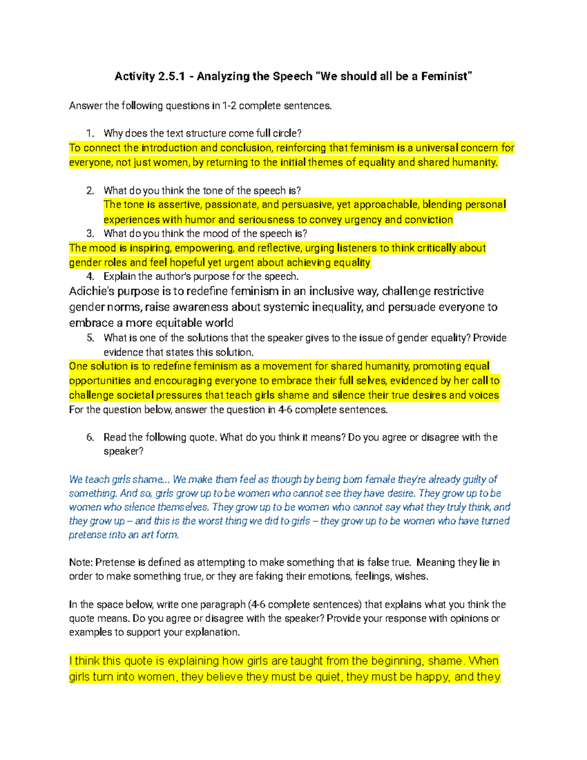 Activity 2.5.1 Analysis of "We Should All Be Feminists" Speech - Studocu