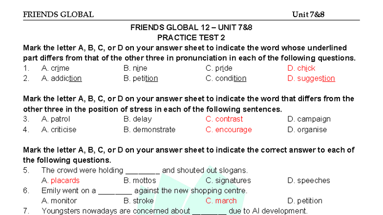 FG12 Unit 7 & 8 Practice Test 2: Answer Key and Explanations - Studocu