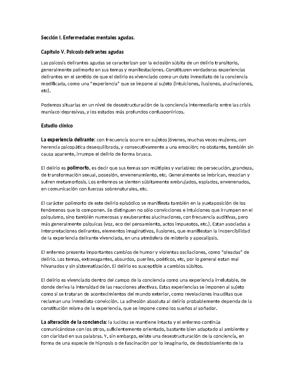 Psicosis Agudas y Crónicas: Estudio Clínico y Evolutivo - Studocu