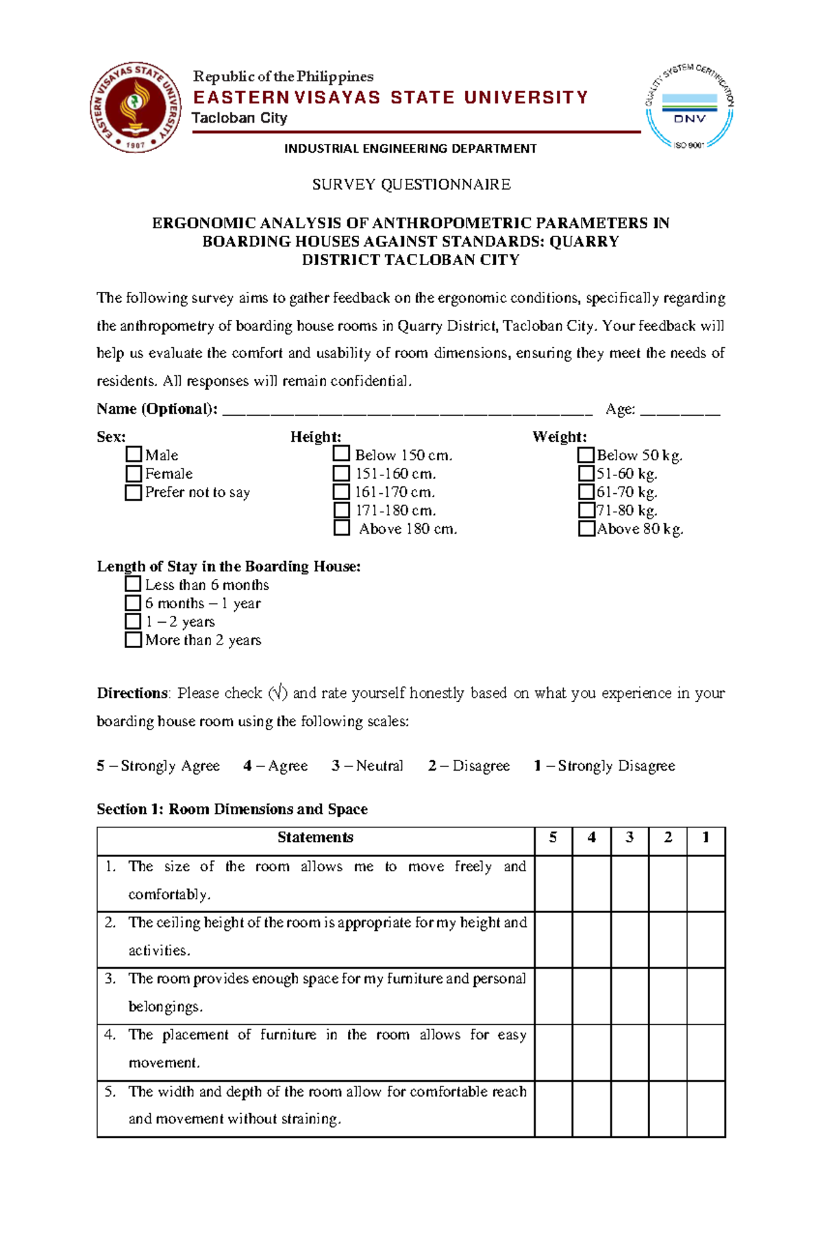 Survey Questionnaire - Republic of the Philippines E A S T E R N V I S ...