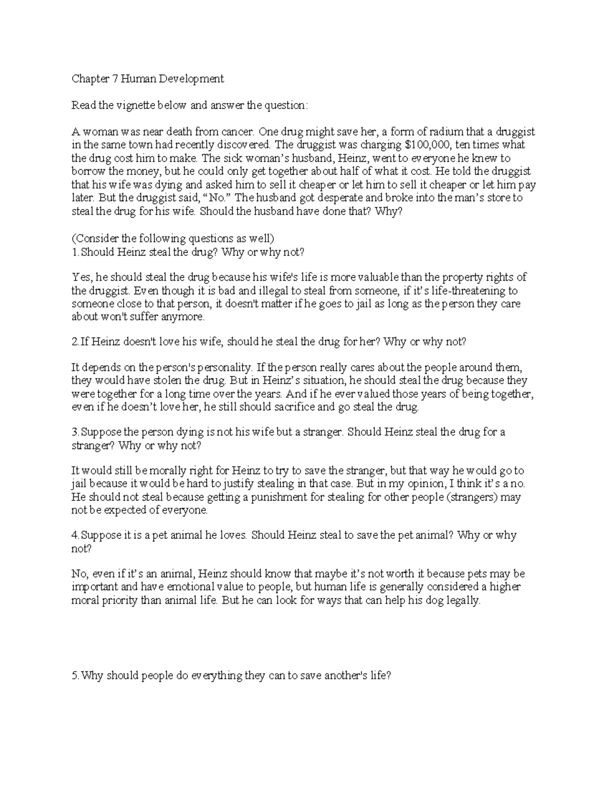 Ch 9.1 Moral Reasoning - Homework on Heinz Dilemma - Studocu