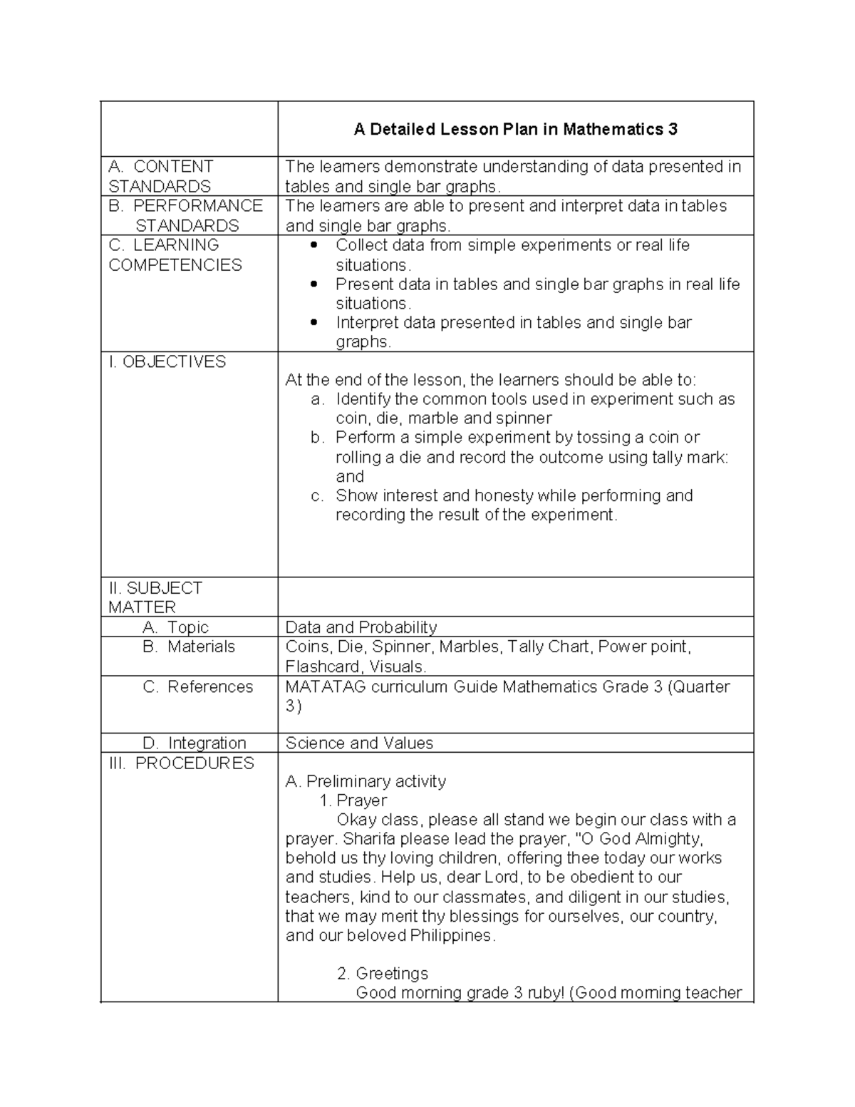 Mathematics 3 Lesson Plan: Data & Probability Activities - Studocu