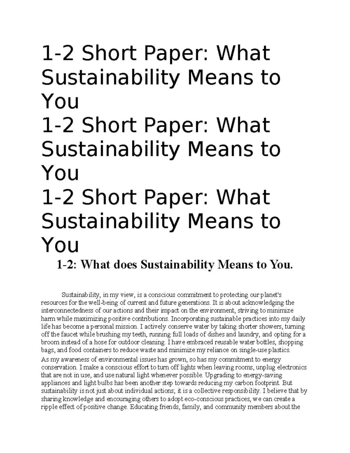 IDS150 1-2 - Short Paper on Personal Views of Sustainability - Studocu