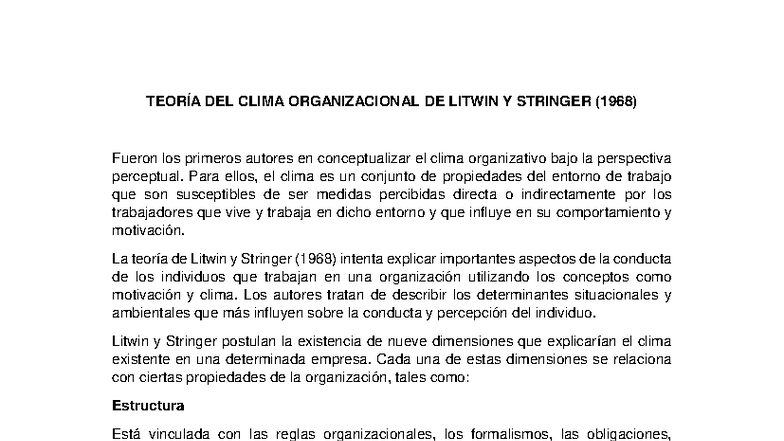 Teoría del Clima Organizacional de Litwin y Stringer (1968) - Studocu