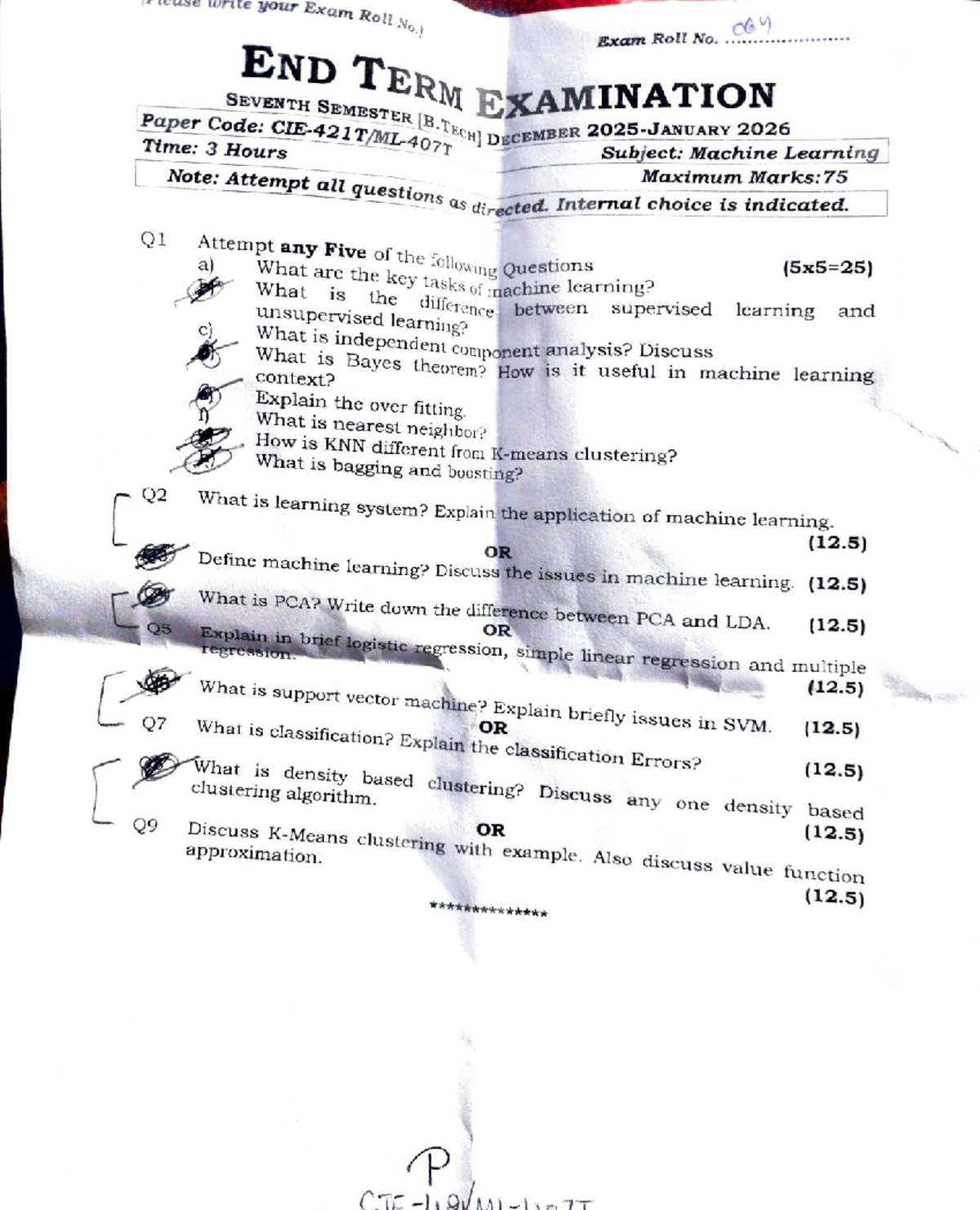 LWrtte your Exam Roll No.) ML End Term Exam - 7th Sem - Dec 2026 - Studocu