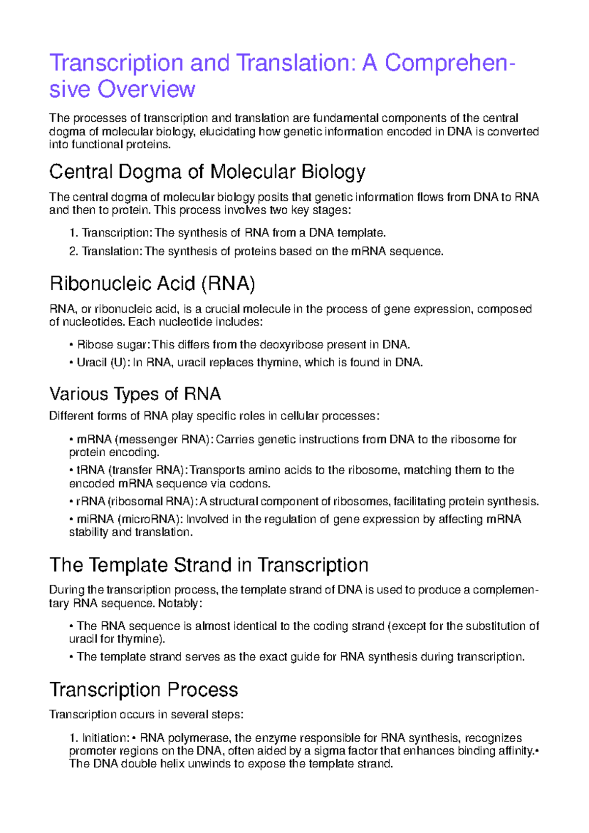 Biochem 101: Transcription & Translation Overview - Studocu