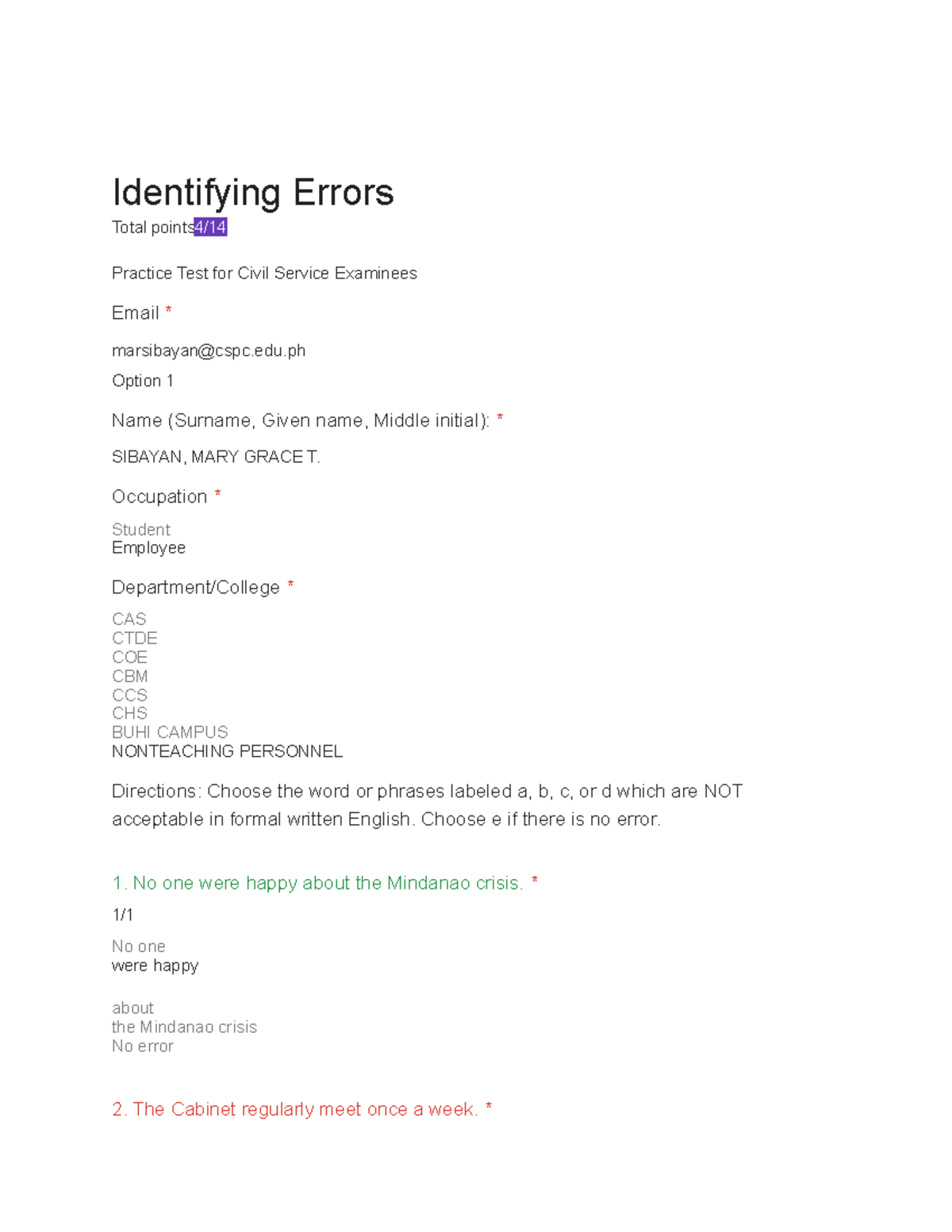 Civil Service Exam Practice Test: Identifying Errors (CHS) - Studocu